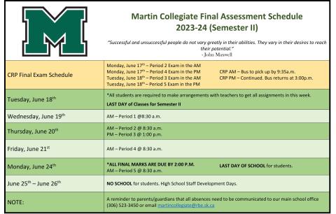 2023-2024 Final Assessment Week Semester II | Martin Collegiate